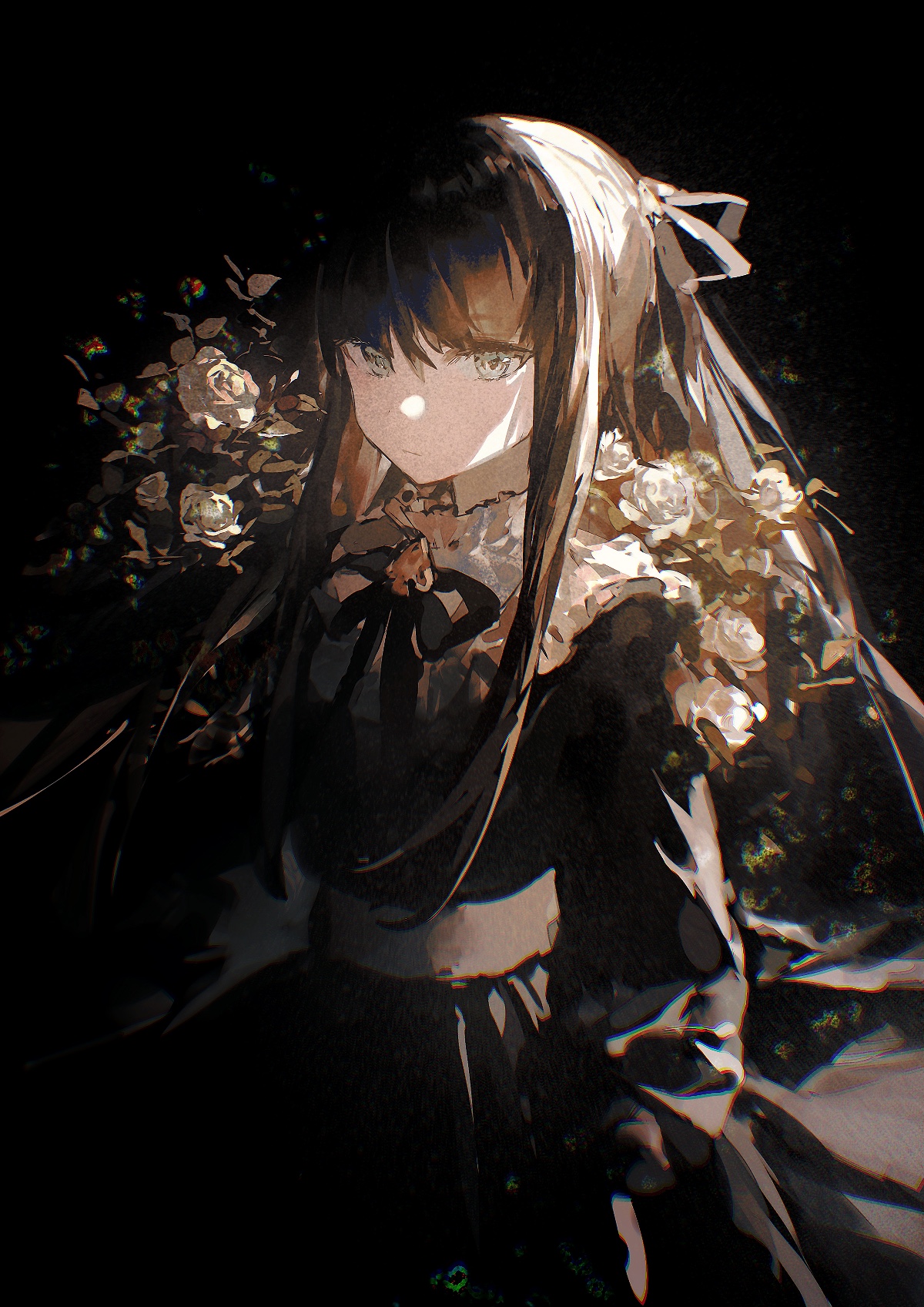 Safebooru - 1girl arcaea bangs black dress black ribbon brown hair closed mouth dress floating ...
