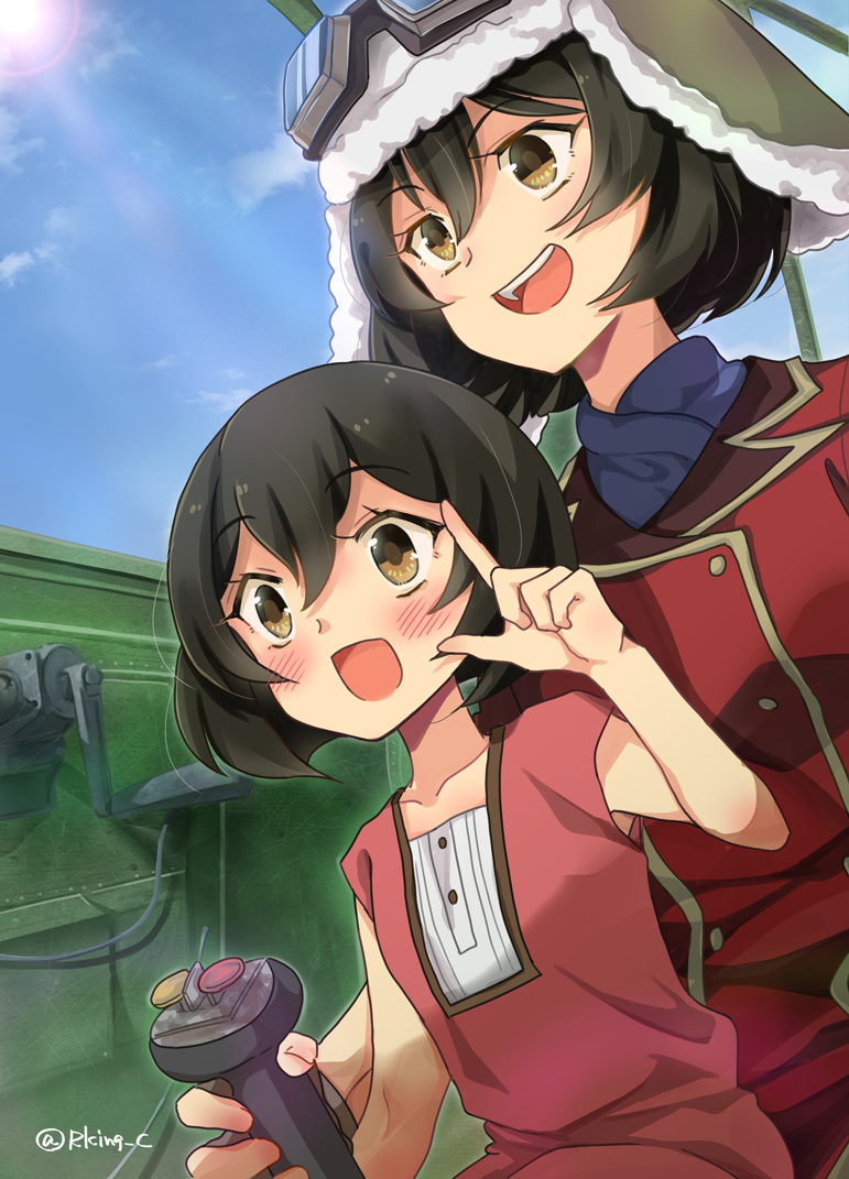 Safebooru - 2girls :d airplane interior artist name aviator cap black ...
