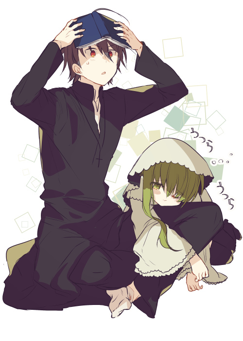 Safebooru - 1boy 1girl bangs black hair blush book book on head cecilia (shiro seijo to kuro ...