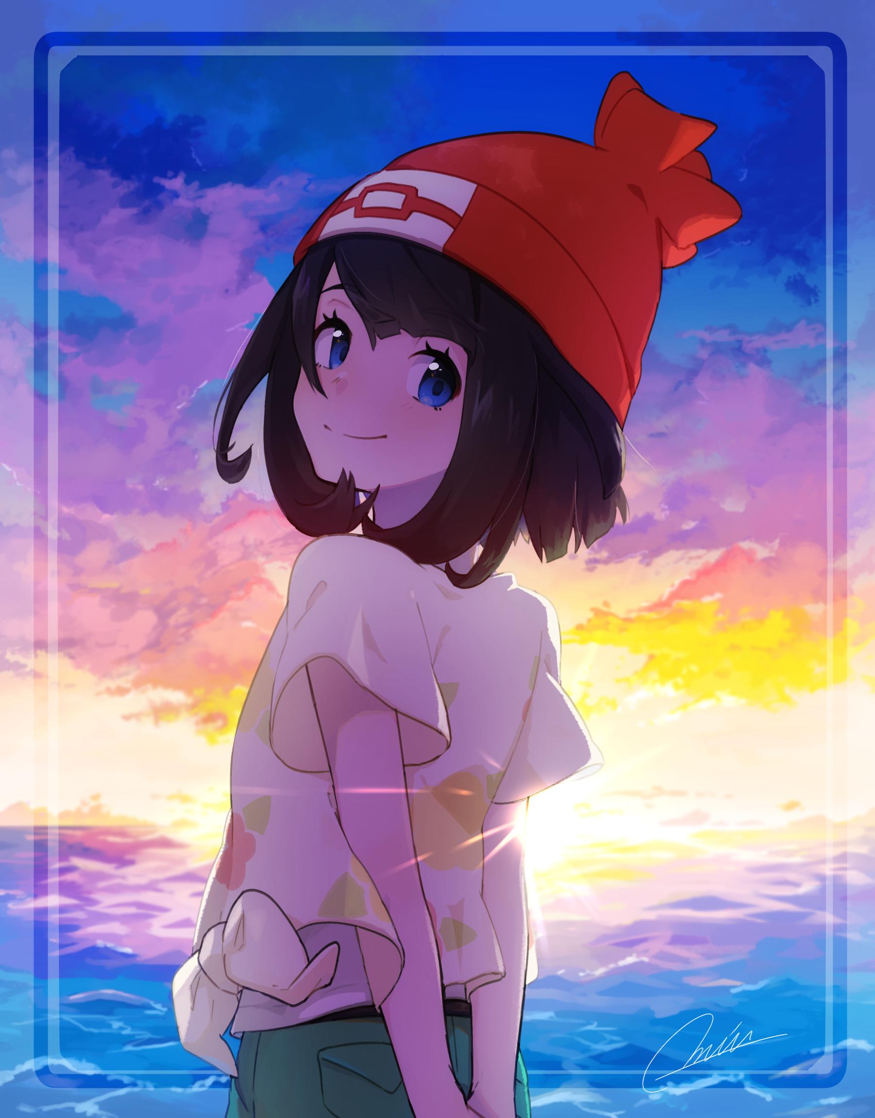 Safebooru - 1girl beanie black hair blue eyes closed mouth clouds from ...