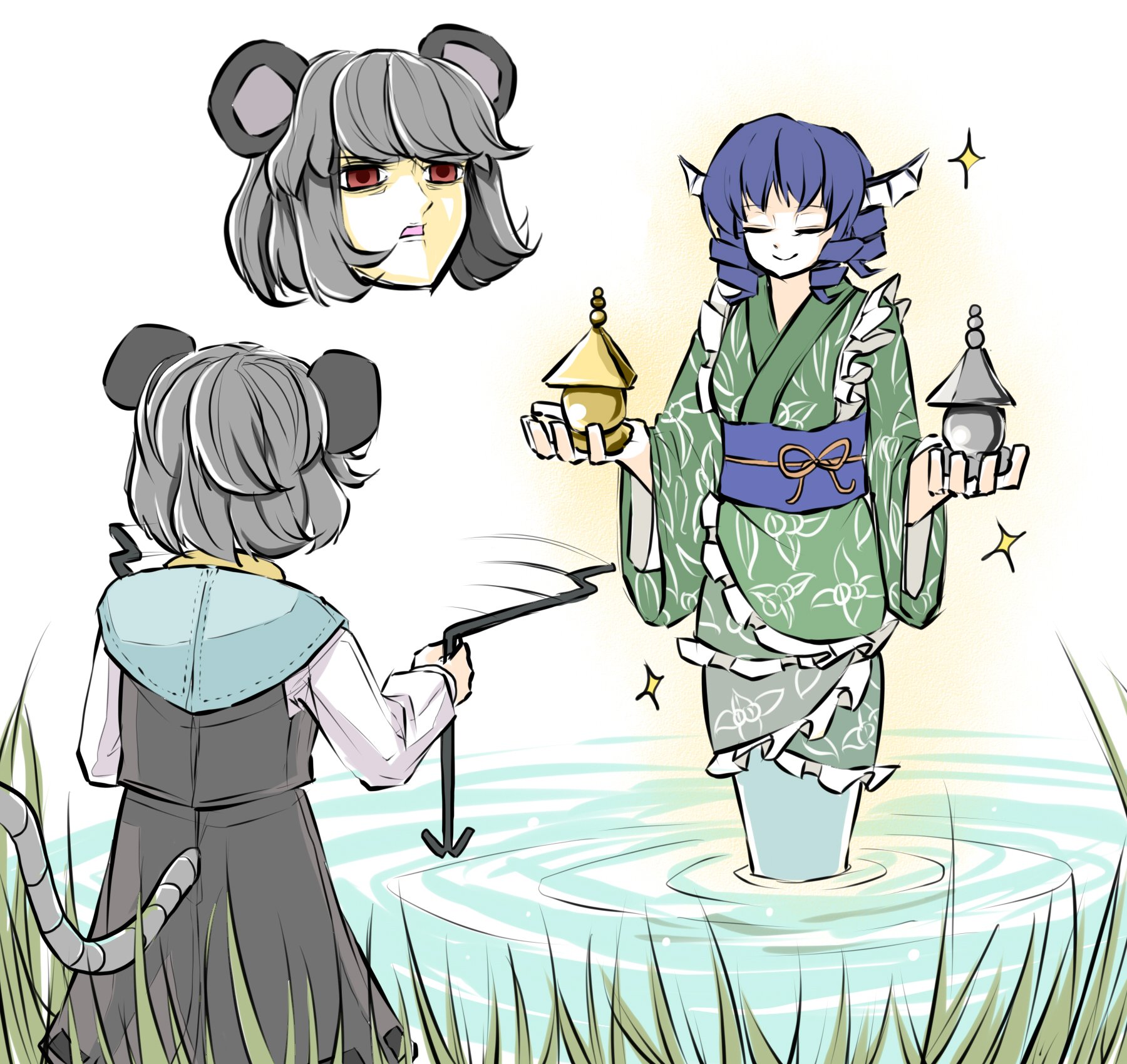 Safebooru - 2girls animal ears bangs bishamonten's pagoda blue hair capelet dowsing rod fins ...