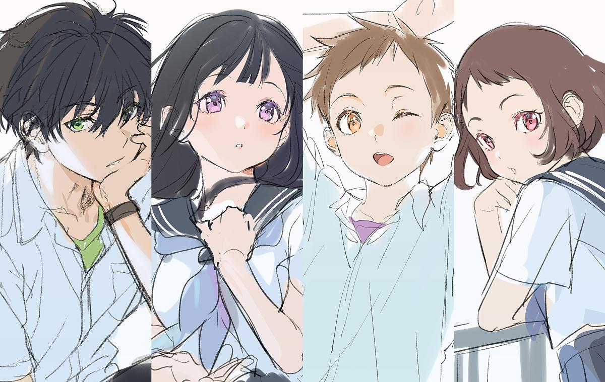 Safebooru - 2boys 2girls black hair blouse blush brown eyes brown hair chitanda eru commentary ...