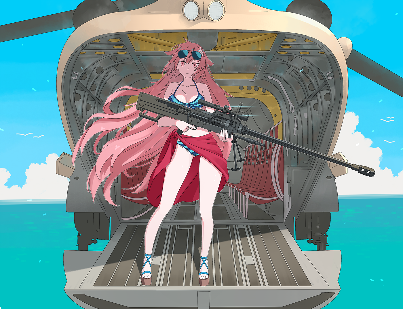 Safebooru - 1girl aircraft anti-materiel rifle bangs bikini blue bikini blue sky ch-47 chinook ...