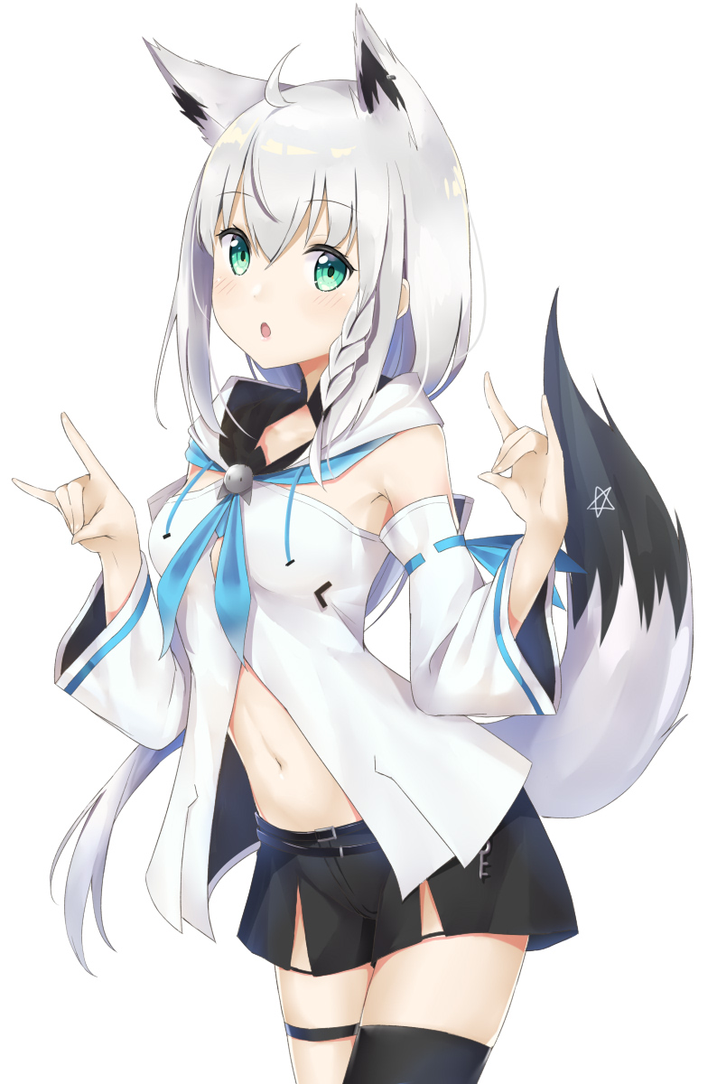 Safebooru - 1girl :o ahoge animal ears aqua eyes bare shoulders belt black legwear black shorts ...