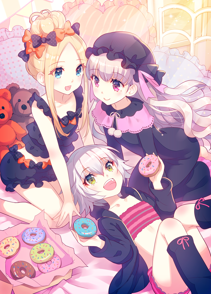 Safebooru - 3girls :d abigail williams (fate/grand order) bangs bare arms bare shoulders bed ...