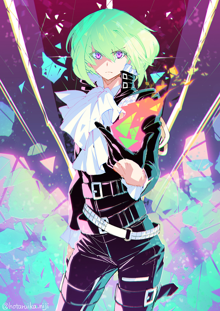 Safebooru - 1boy belt black gloves black jacket blonde hair cravat fire gloves green hair half ...