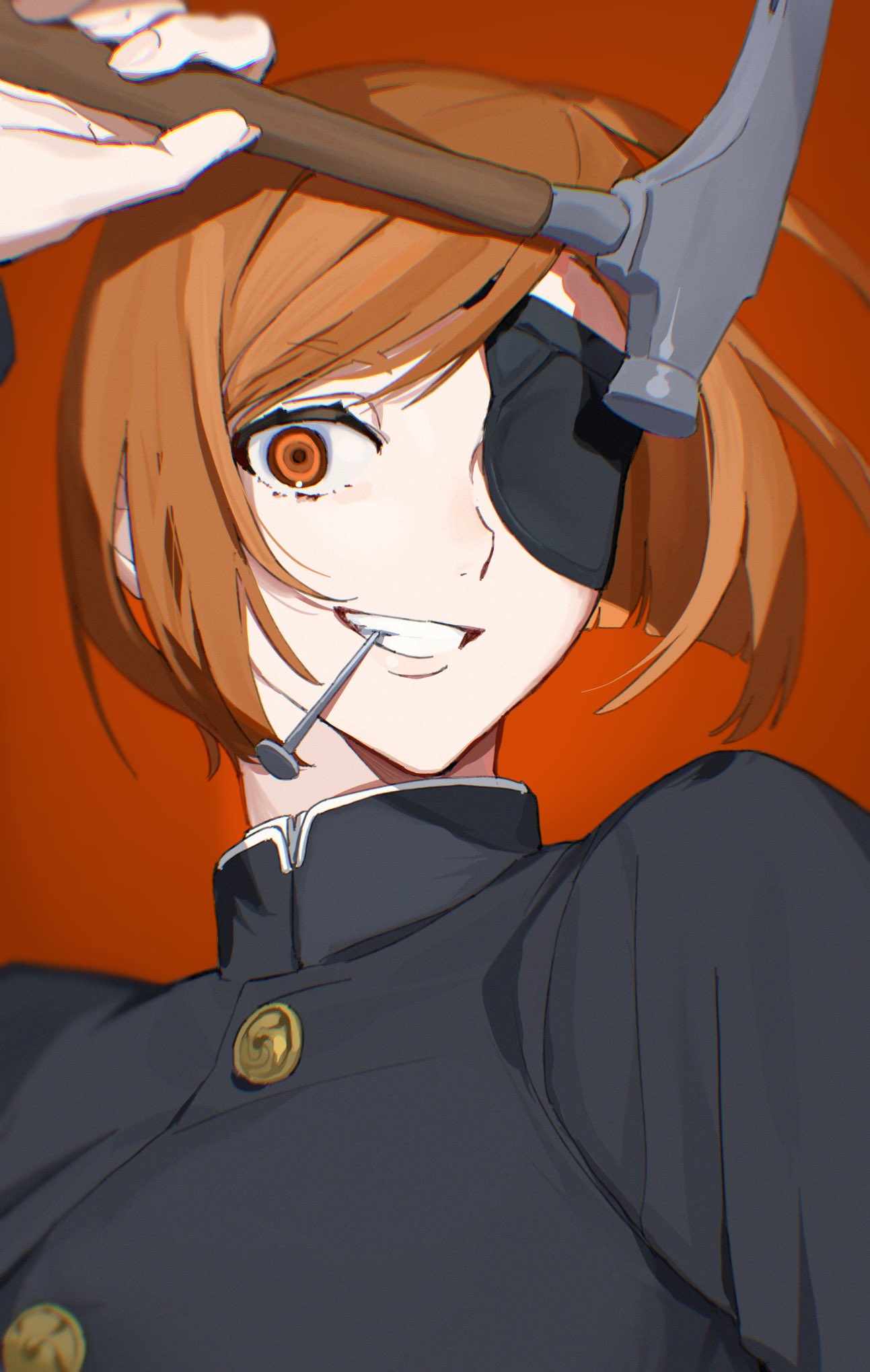 Safebooru - 1girl brown eyes brown hair claw hammer eyepatch hammer ...