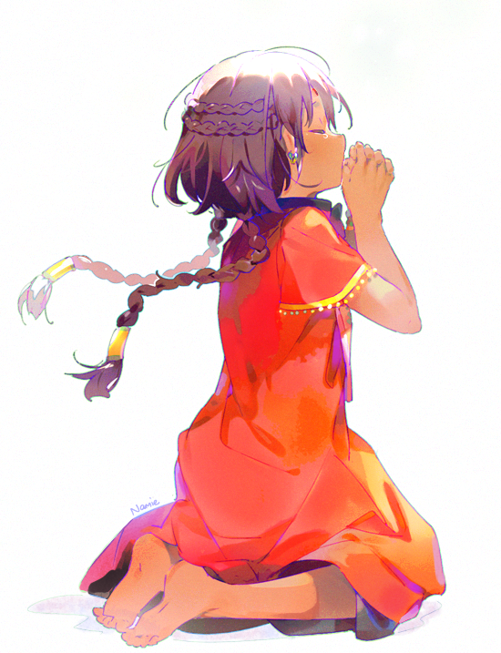 Safebooru - 1girl asha (fate) barefoot braid brown hair closed eyes dark skin dress fate/grand ...