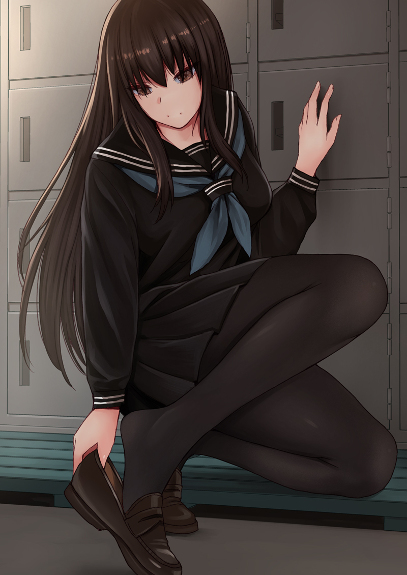 Safebooru - 1girl black legwear breasts brown eyes brown hair kneeling kokuryuugan kuro senpai ...