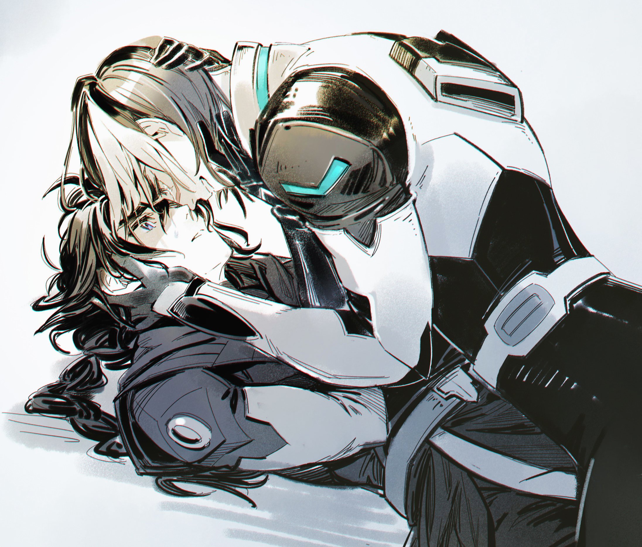 Safebooru - 2boys armor black hair bomssp braid crying highres holding ...