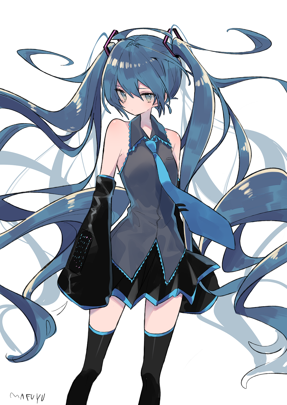 Safebooru - 1girl artist name bare shoulders black legwear black skirt black sleeves blue eyes ...