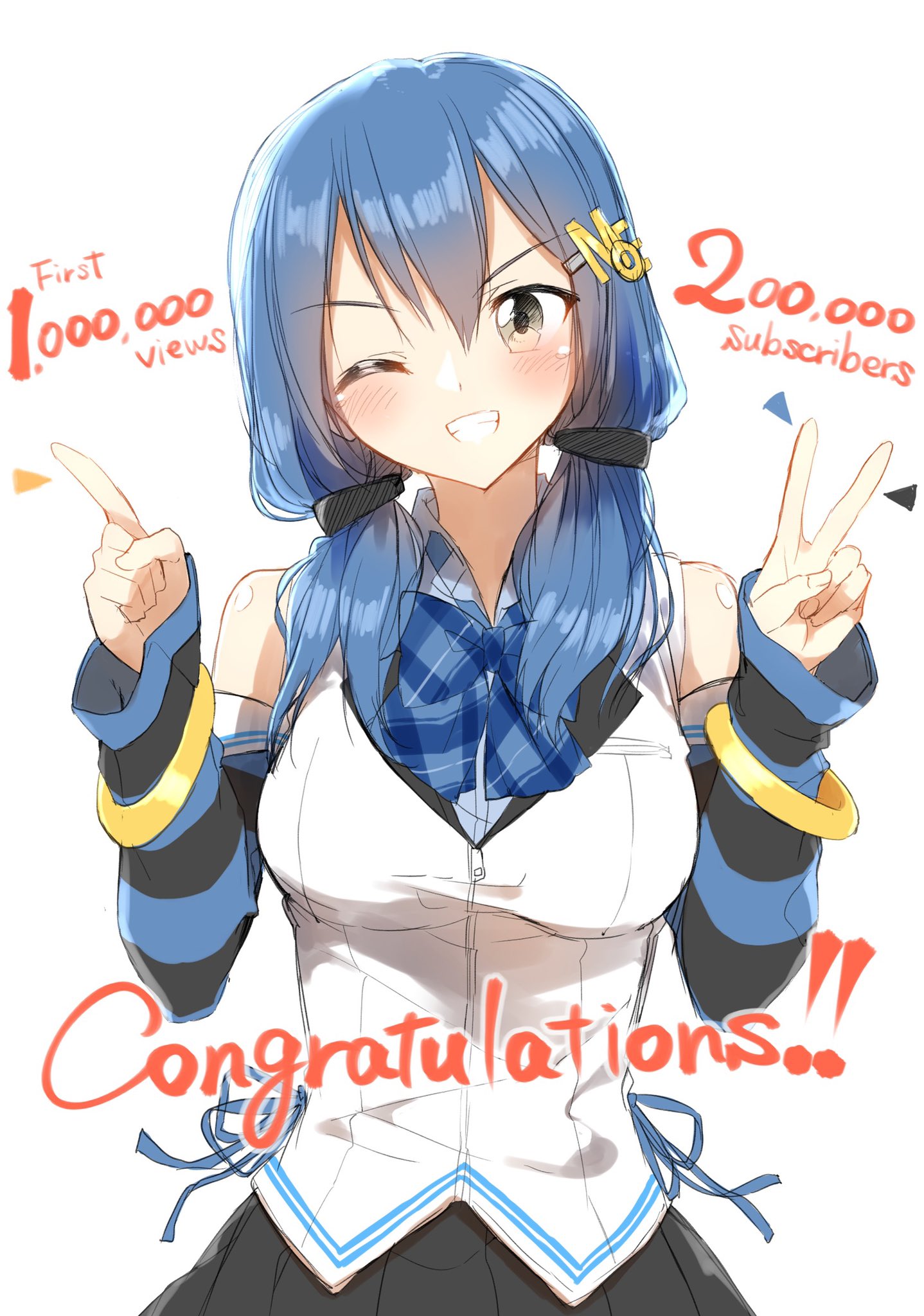 Safebooru - 1girl ;d bangs bare shoulders black eyes black skirt blue hair blue neckwear bow ...