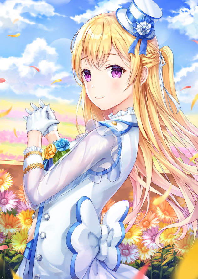 Safebooru - 1girl bang dream! bangs blonde hair blue sky blush braid brown flower closed mouth ...