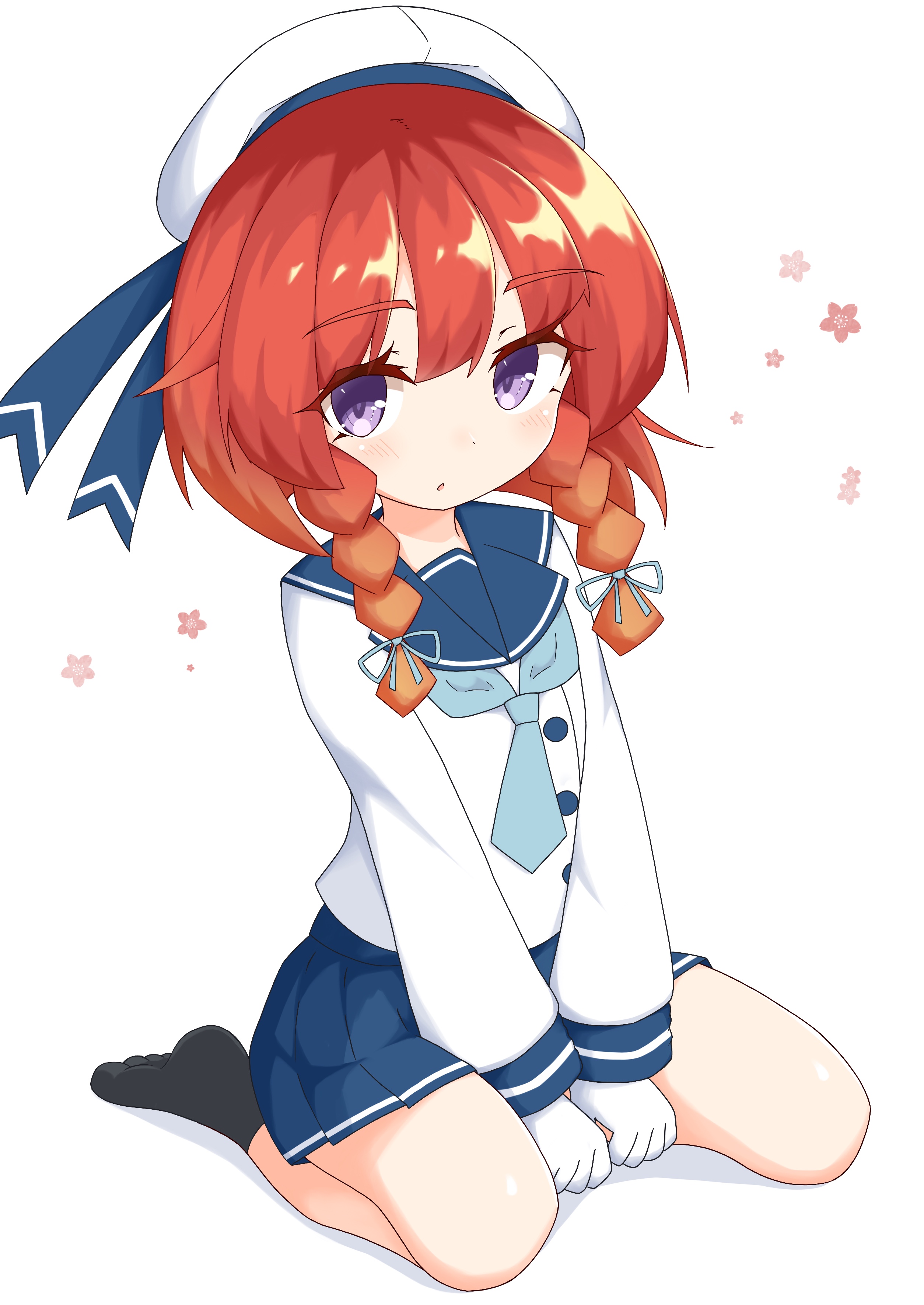 Safebooru - 1girl :o absurdres beret between legs black legwear blue neckwear blue ribbon blue ...