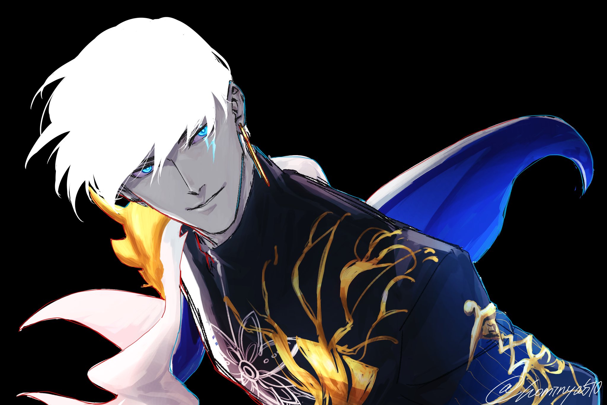 Safebooru - 1boy black background blue eyes colored skin dark-skinned ...