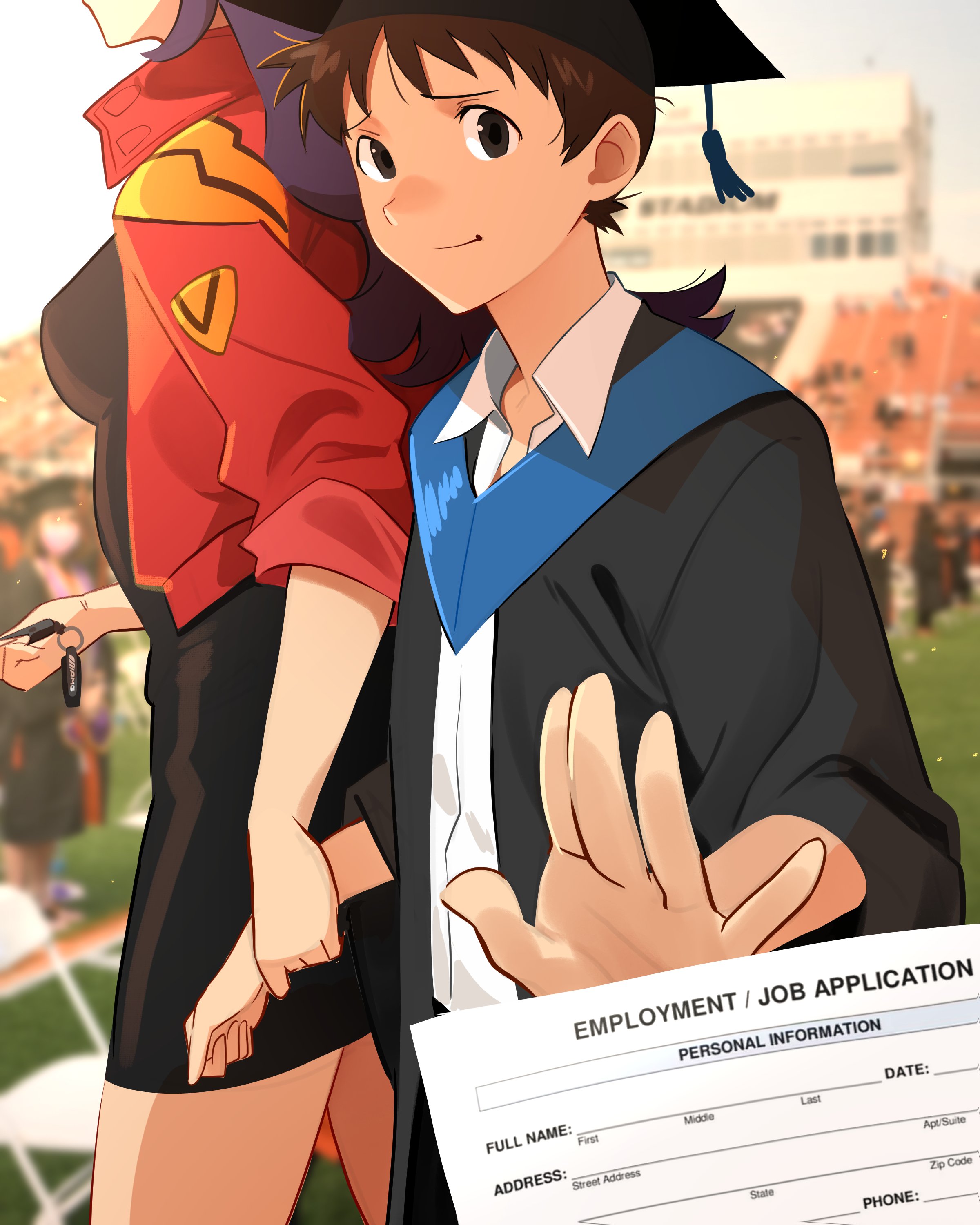 Safebooru - 1boy 1girl absurdres black dress black hat breasts brown ...