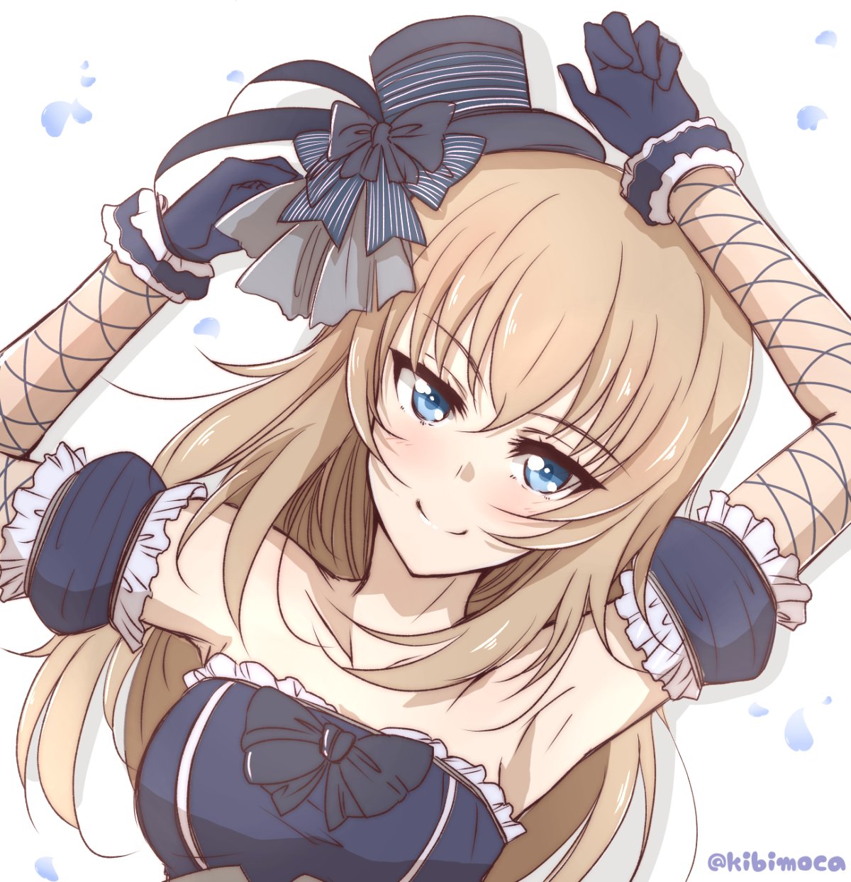 Safebooru - 1girl alternate costume armpits arms up bangs bare shoulders black border blue dress ...