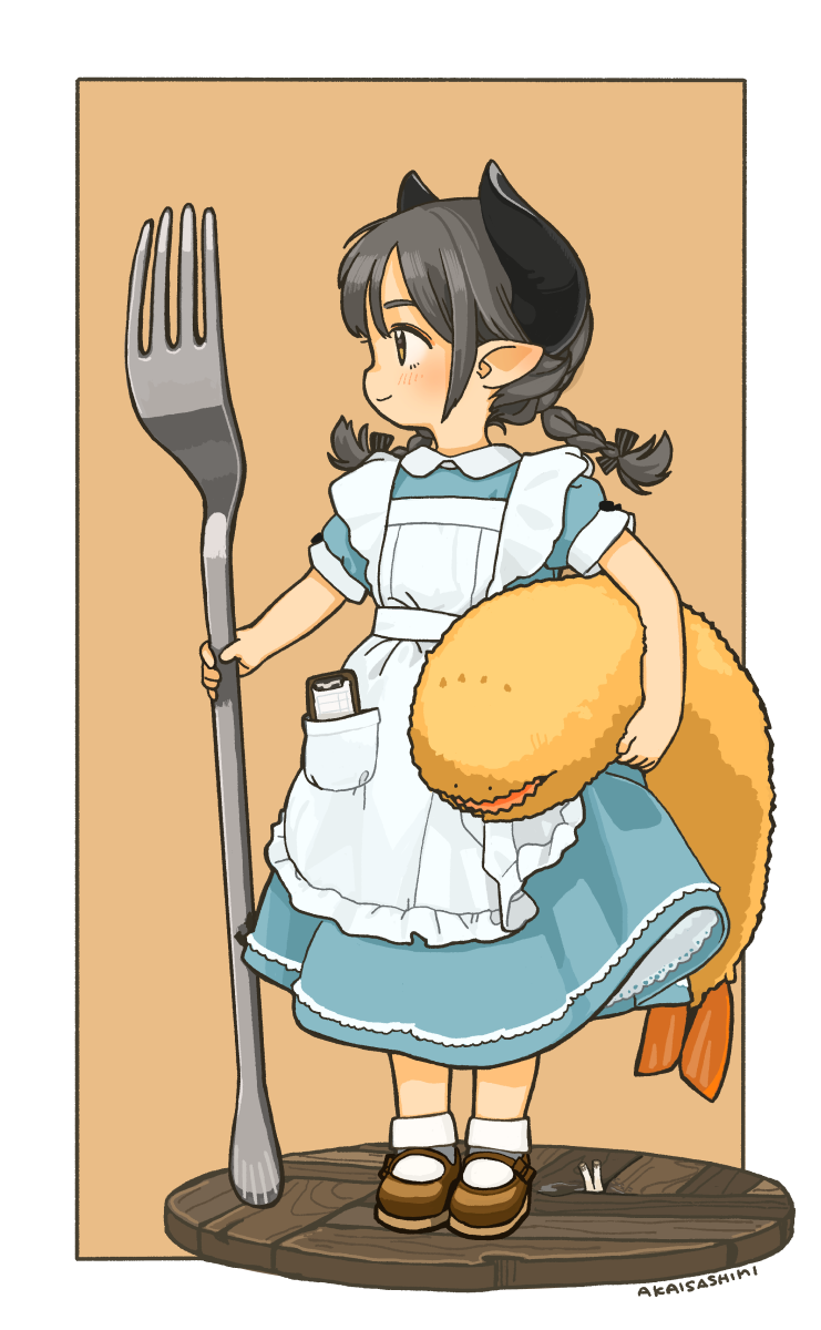 Safebooru - 1girl akai sashimi apron artist name bangs blue dress blush border bow braid brown ...