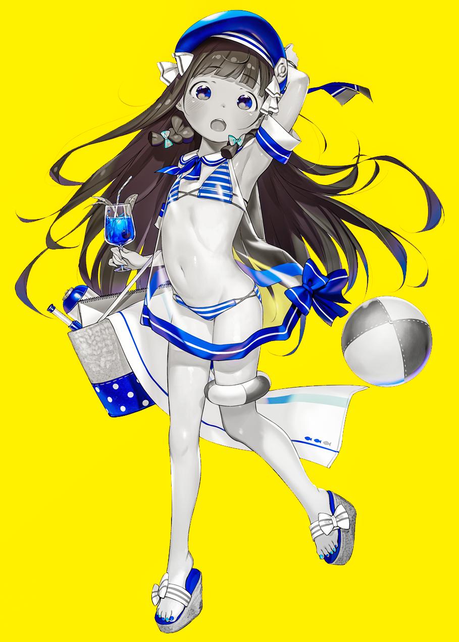 Safebooru - 1girl :o arm up armpits bag ball bangs bare shoulders beachball bendy straw beret ...