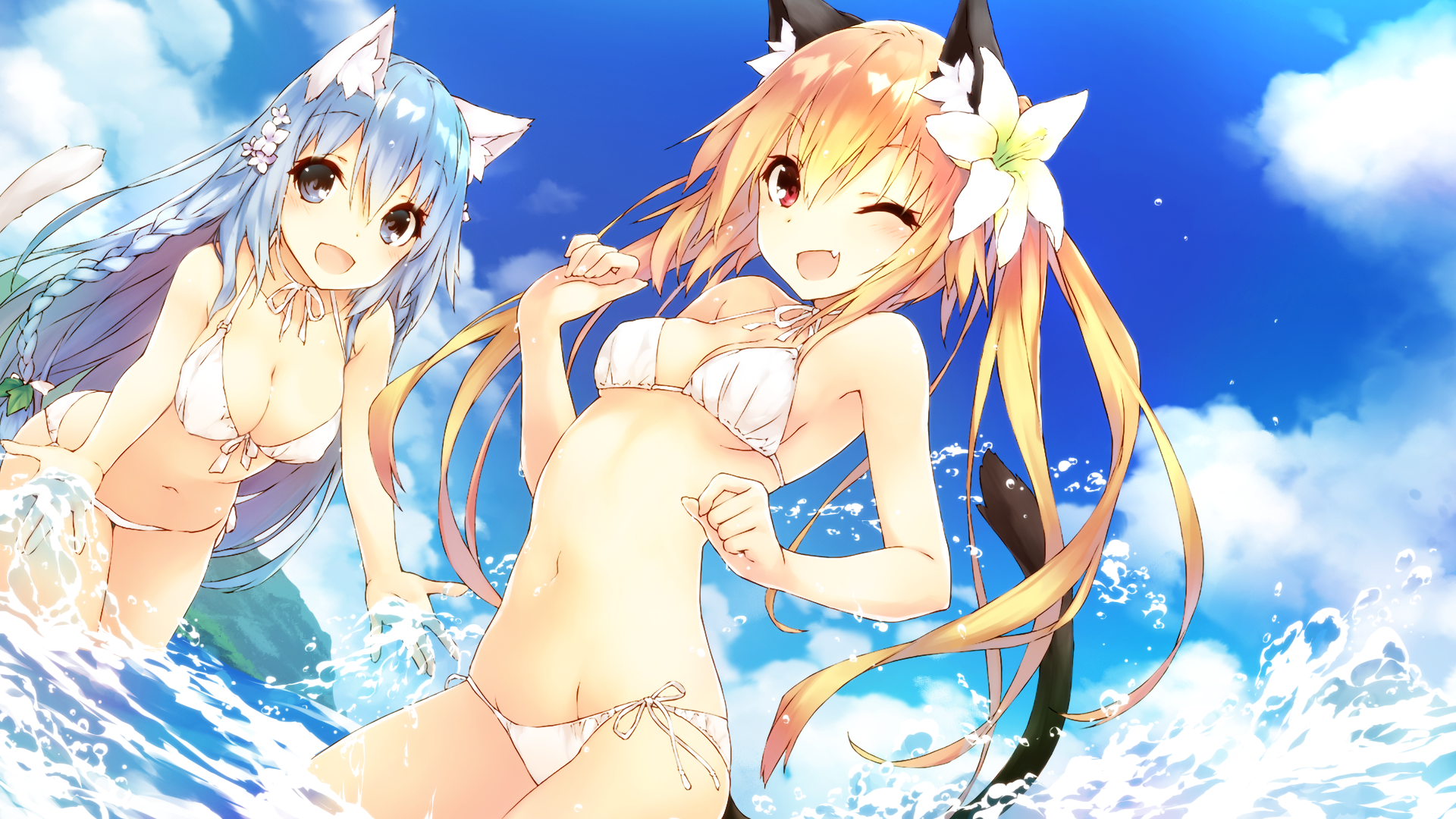 Safebooru - 2girls ;d animal ear fluff animal ears bangs bare arms bare shoulders bikini blonde ...