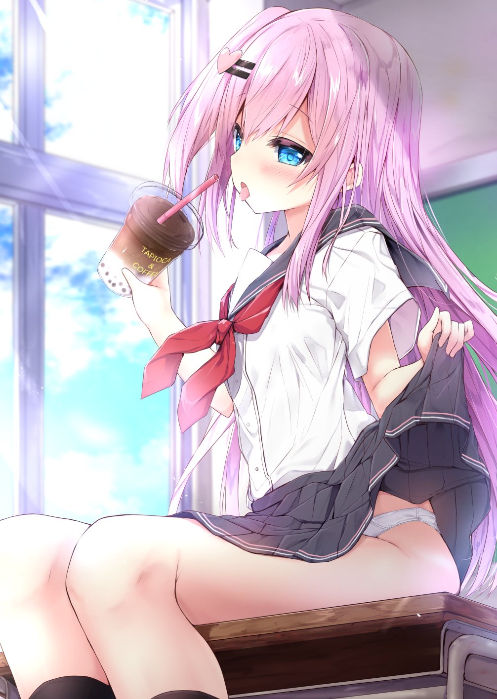 Safebooru - 1girl bangs black legwear black sailor collar black skirt blue eyes blue sky blurry ...