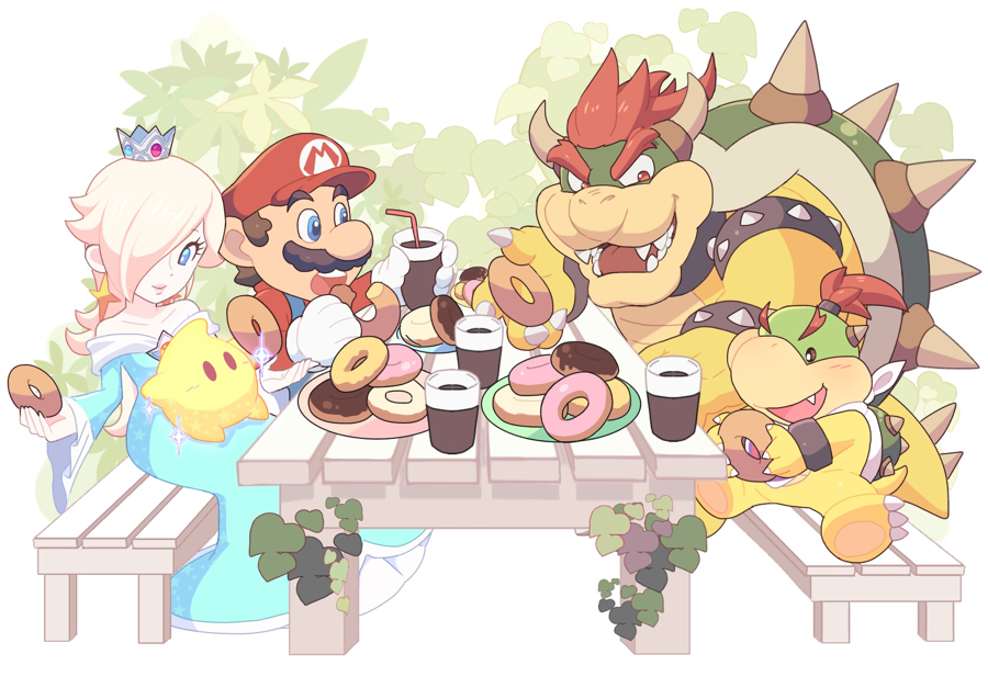 Safebooru - 1girl 1other 3boys bench blonde hair blue dress bowser ...