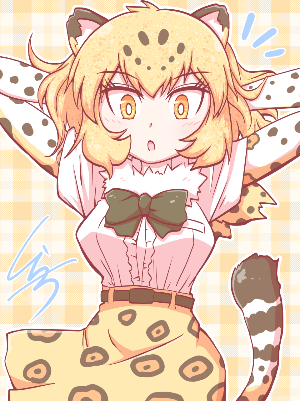 Safebooru - 1girl :o animal ears arms behind head bangs belt black neckwear blonde hair bow ...