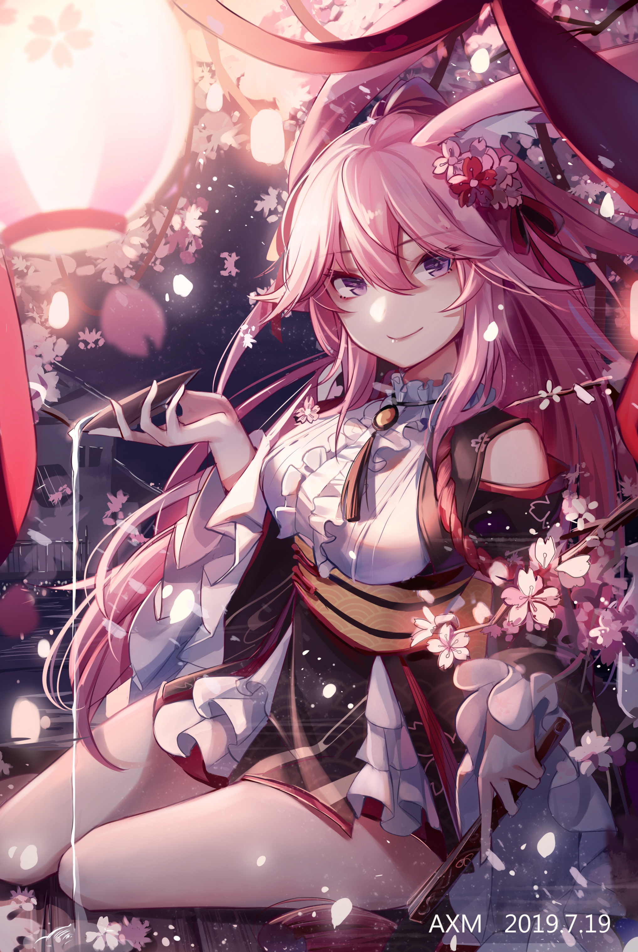 Safebooru - 1girl absurdres ai xiao meng alcohol animal ears bangs blush breasts cherry blossoms ...