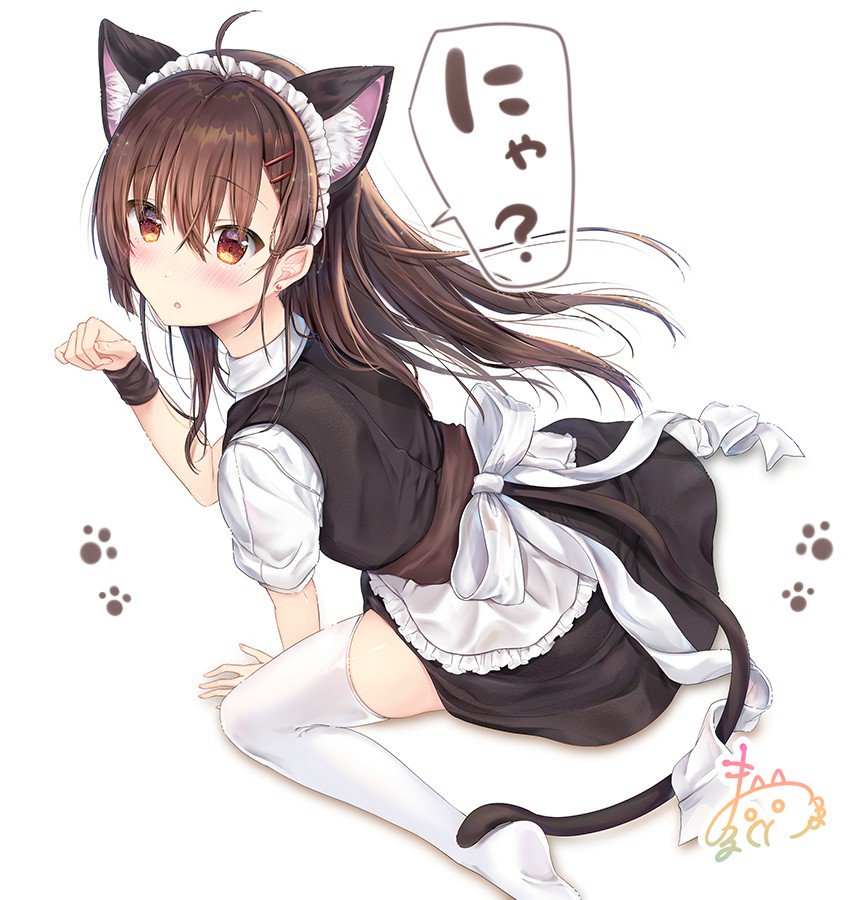 Safebooru - 1girl :o ahoge animal ear fluff animal ears apron bangs black dress blush brown eyes ...
