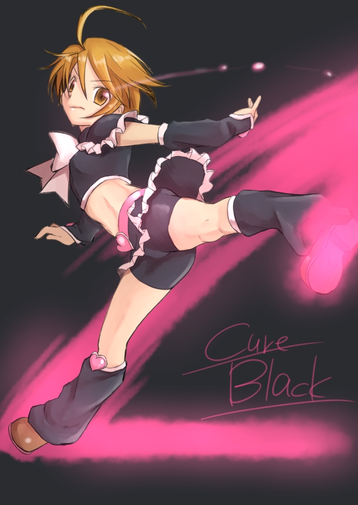 Safebooru - 1girl ahoge belt bike shorts black background black capelet black legwear black ...