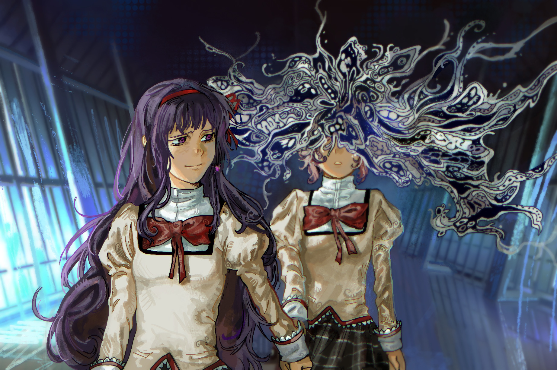 Safebooru - 2girls akemi homura black hair bow earrings hairband highres holding hands jewelry ...