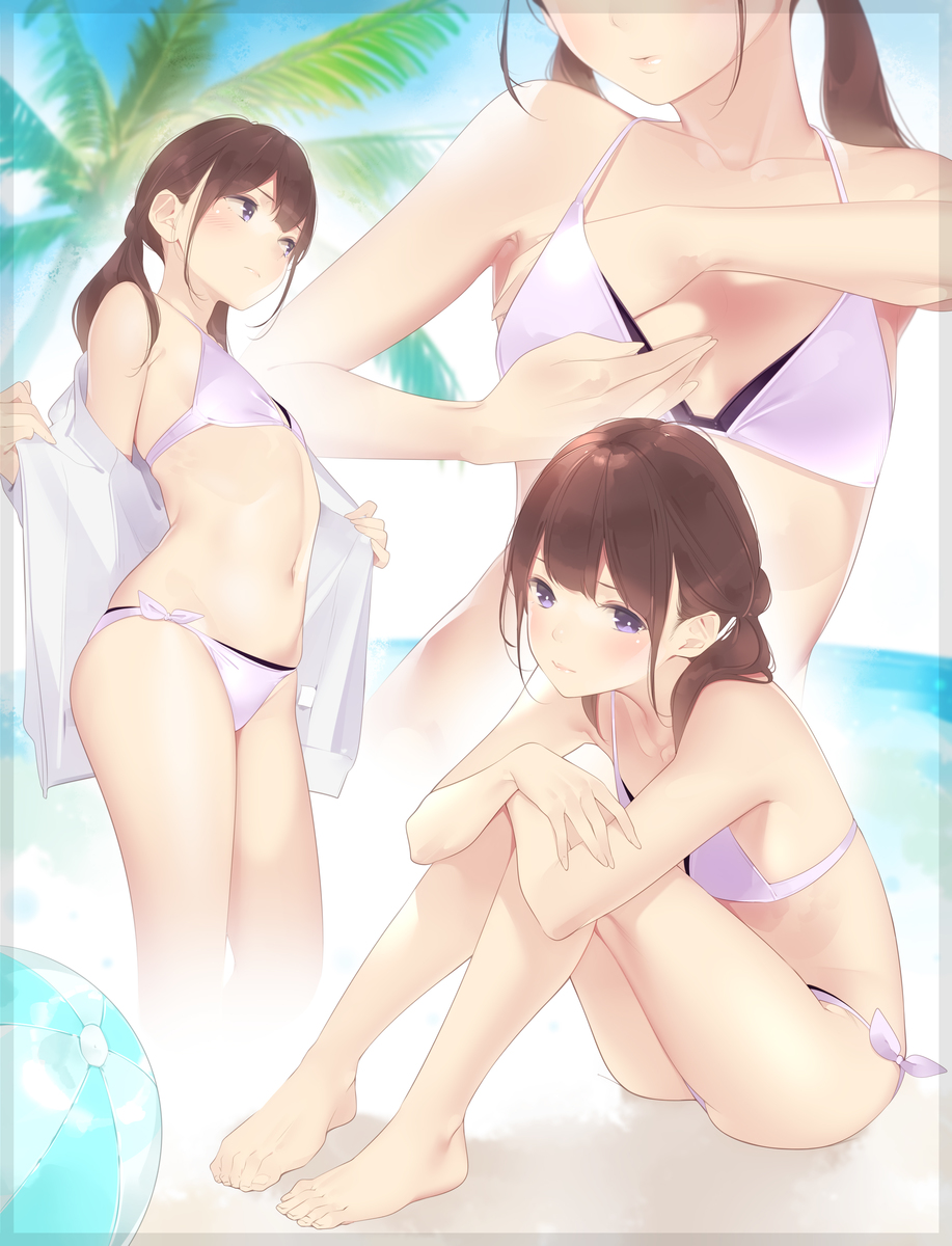 Safebooru - 1girl ama mitsuki bangs bare legs bare shoulders barefoot beach bikini blush breasts ...