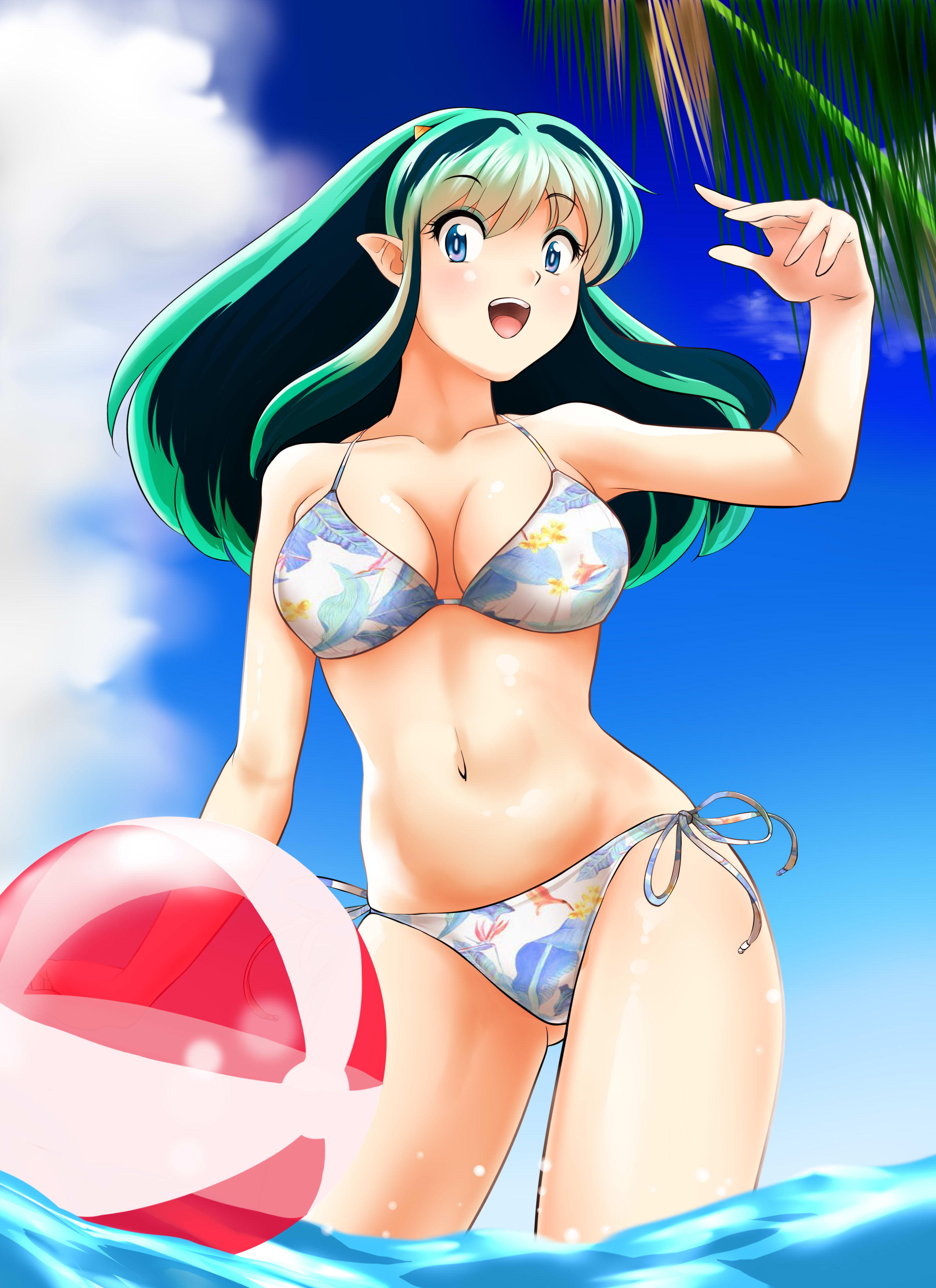 Safebooru - 1girl absurdres ass visible through thighs ball beachball bikini blue eyes blue sky ...