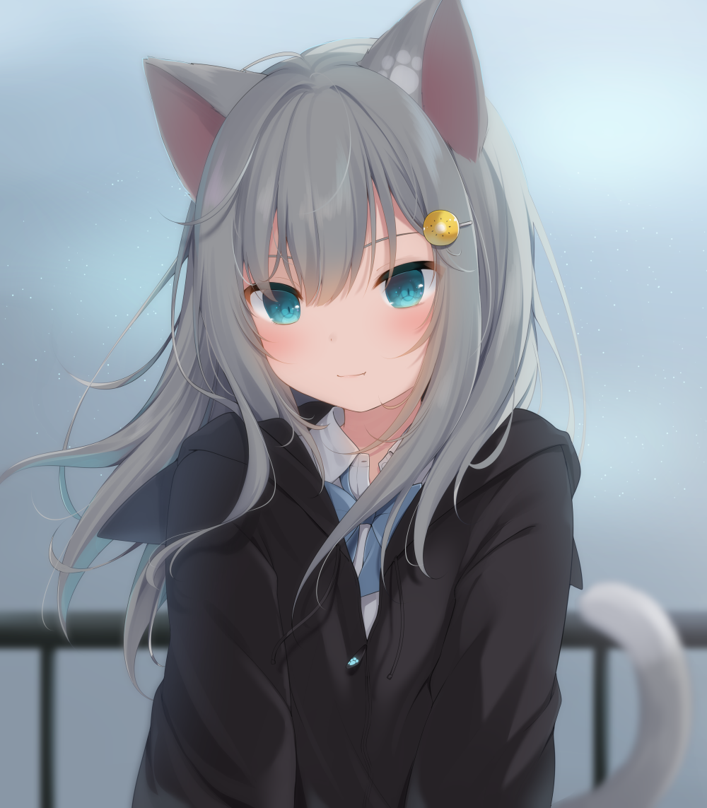 Safebooru - 1girl amashiro natsuki animal ears bangs black jacket blue bow blue eyes blurry ...