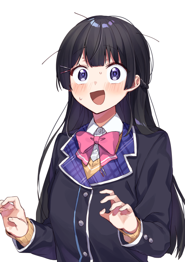 Safebooru - 1girl :d bangs black hair black jacket blazer blush bow brown sweater collared shirt ...