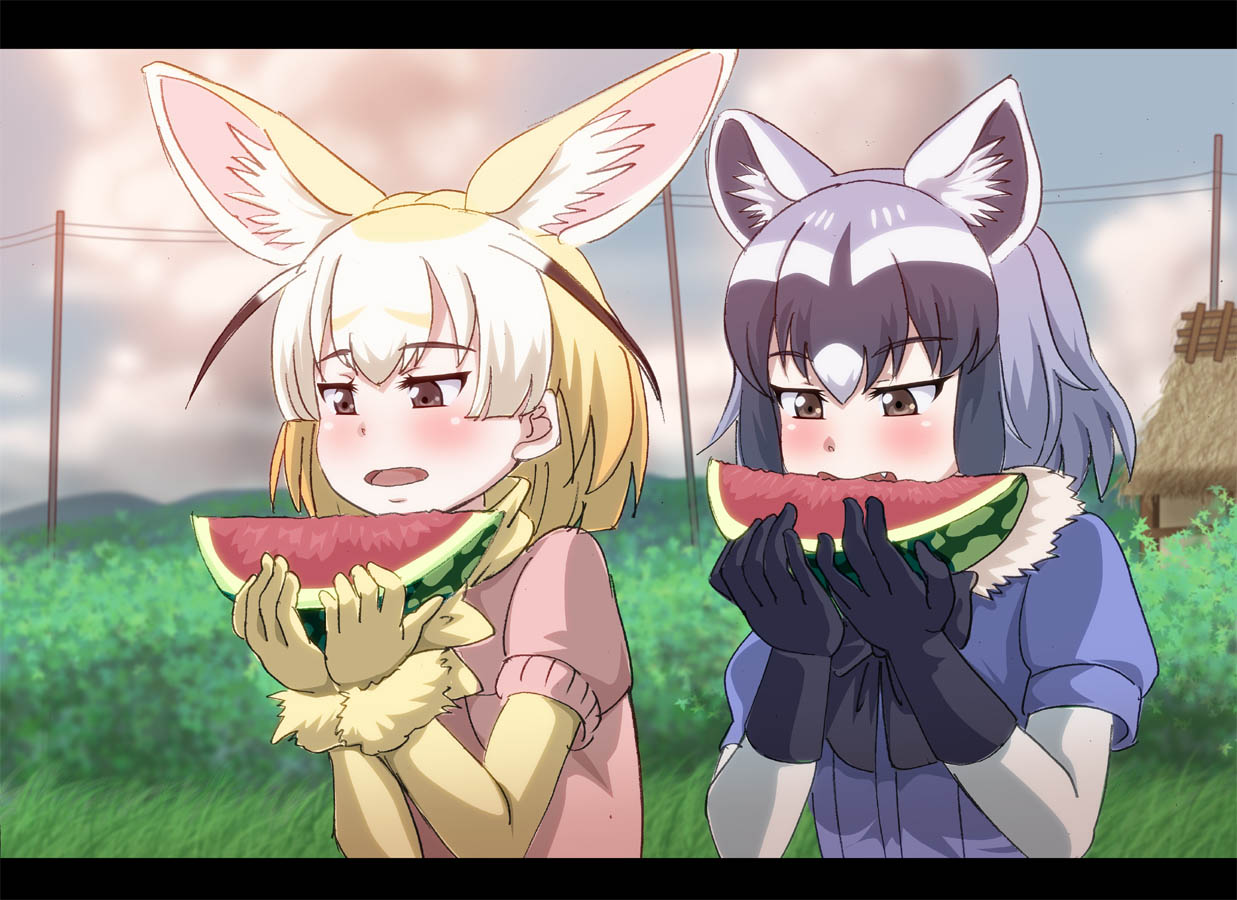 Safebooru - 2girls animal ear fluff animal ears bangs black gloves black hair blonde hair blush ...