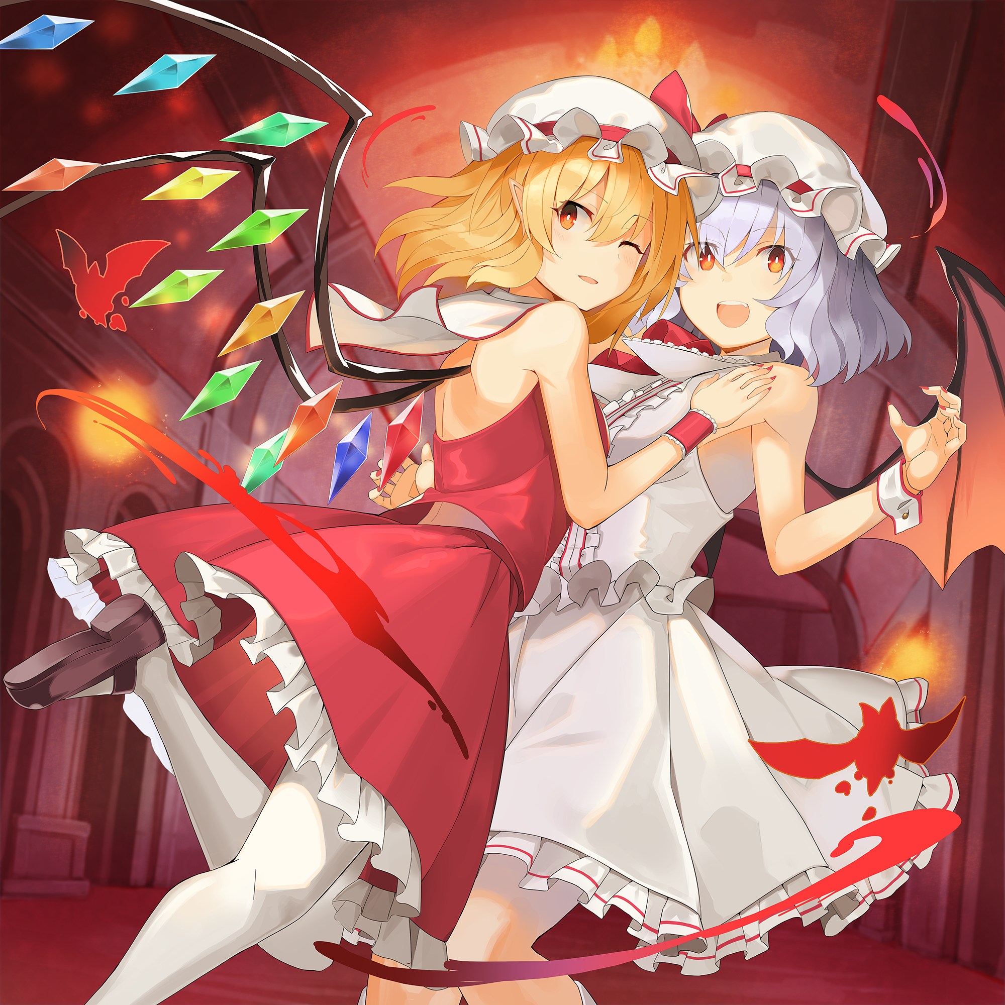 Safebooru - 2girls :d adapted costume backless outfit bangs bare arms bare shoulders bat wings ...