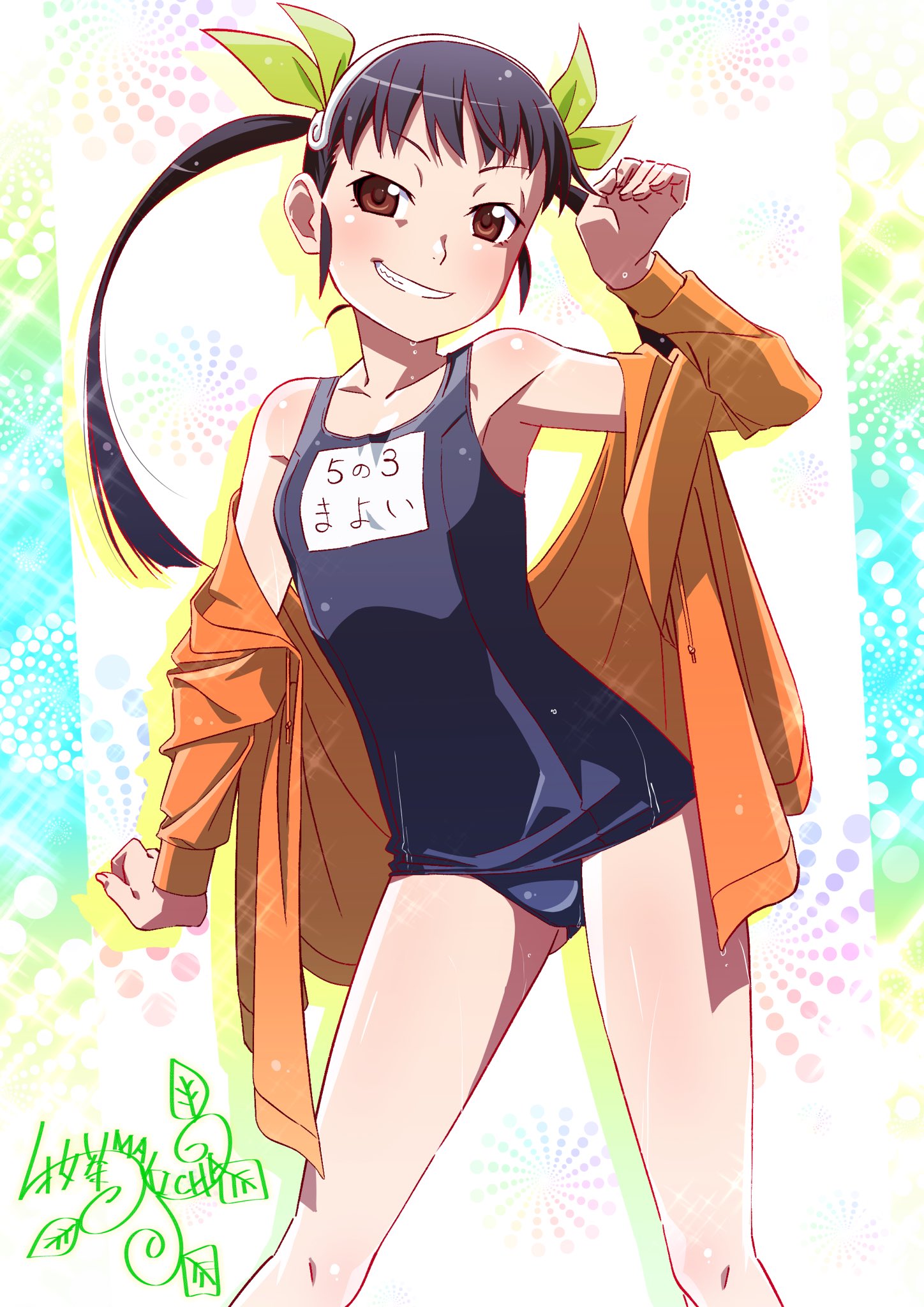 Safebooru - 1girl bakemonogatari bare shoulders blue swimsuit brown eyes collarbone commentary ...
