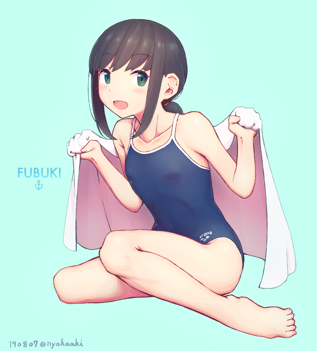 Safebooru - 1girl anchor symbol aqua background arena (company) bangs barefoot black hair blue ...