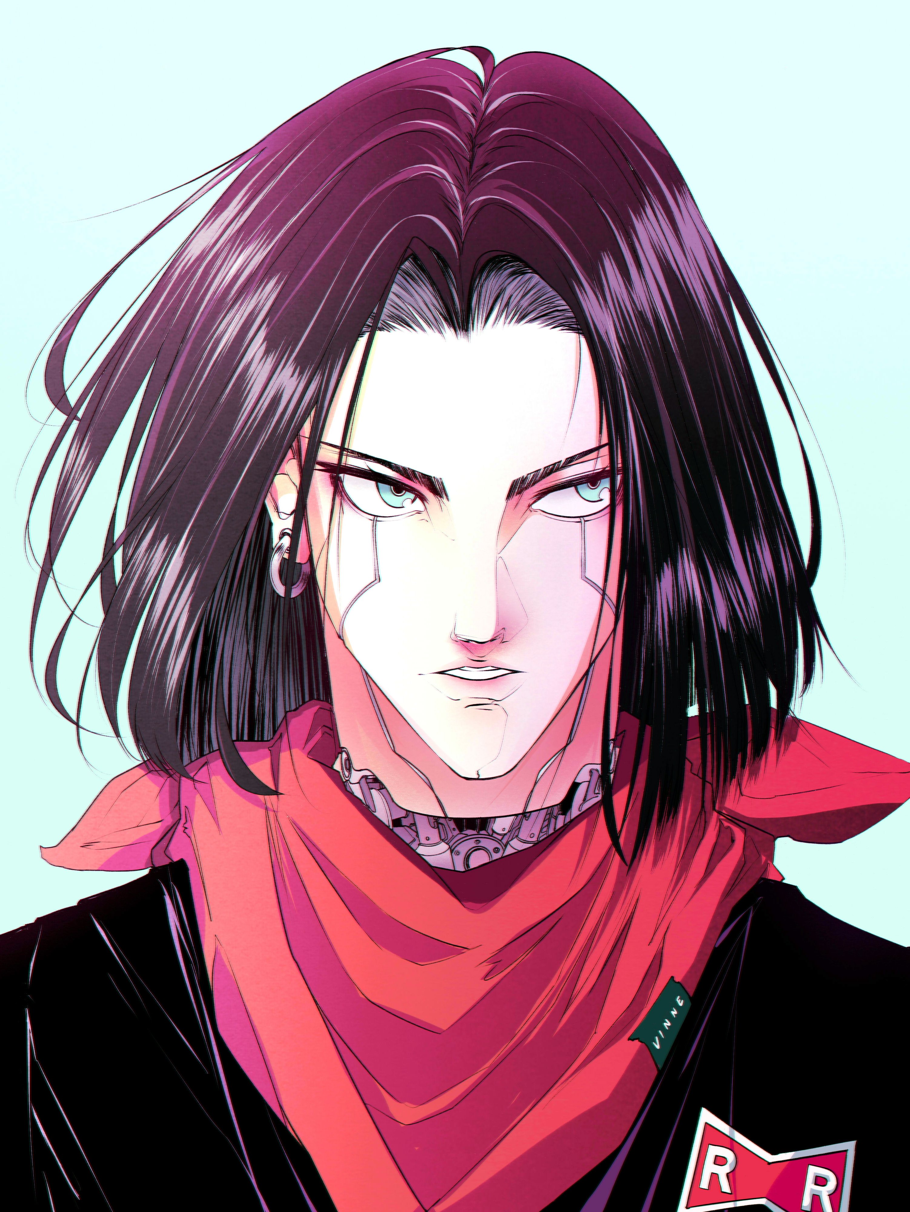 Safebooru - 1boy absurdres android android 17 black shirt blue ...