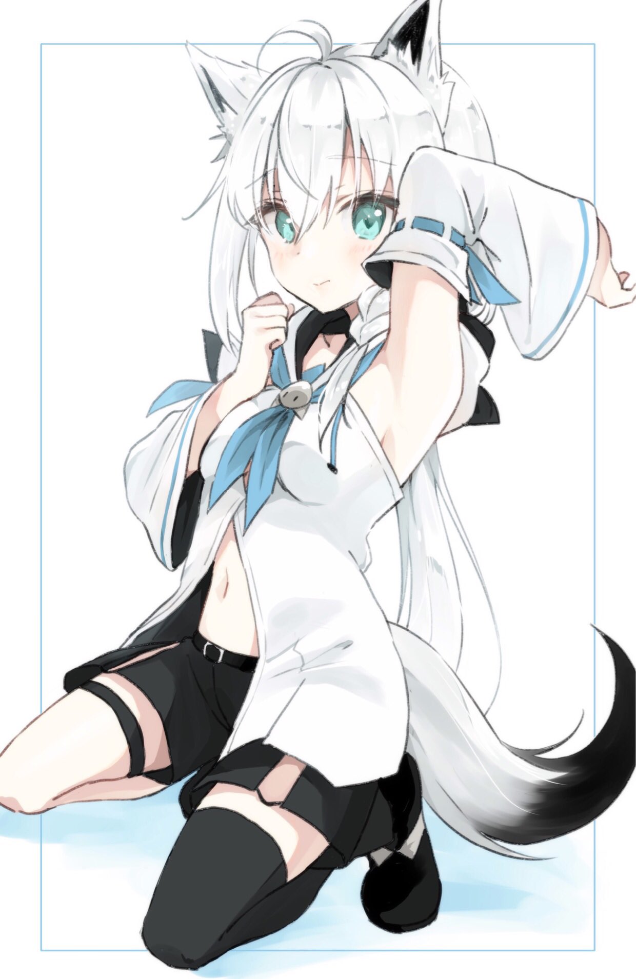 Safebooru - 1girl ahoge animal ear fluff animal ears aqua eyes arm up armpits black footwear ...