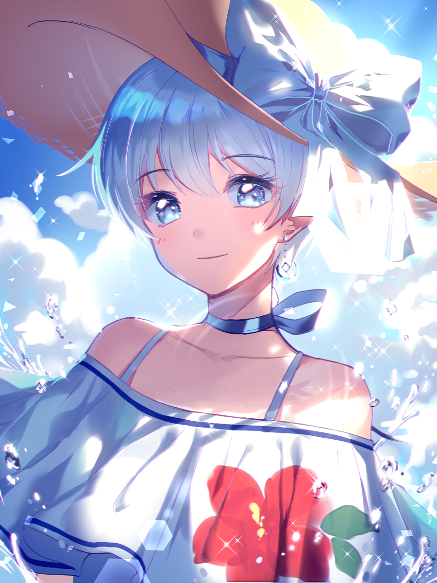 Safebooru - 1girl backlighting bangs bare shoulders blue eyes blue sky blush bow brown headwear ...