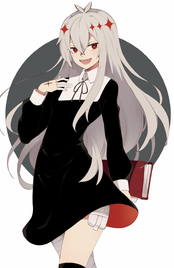 Safebooru - 1girl :d bandaged fingers bandaged leg bandages bangs black dress black legwear book ...