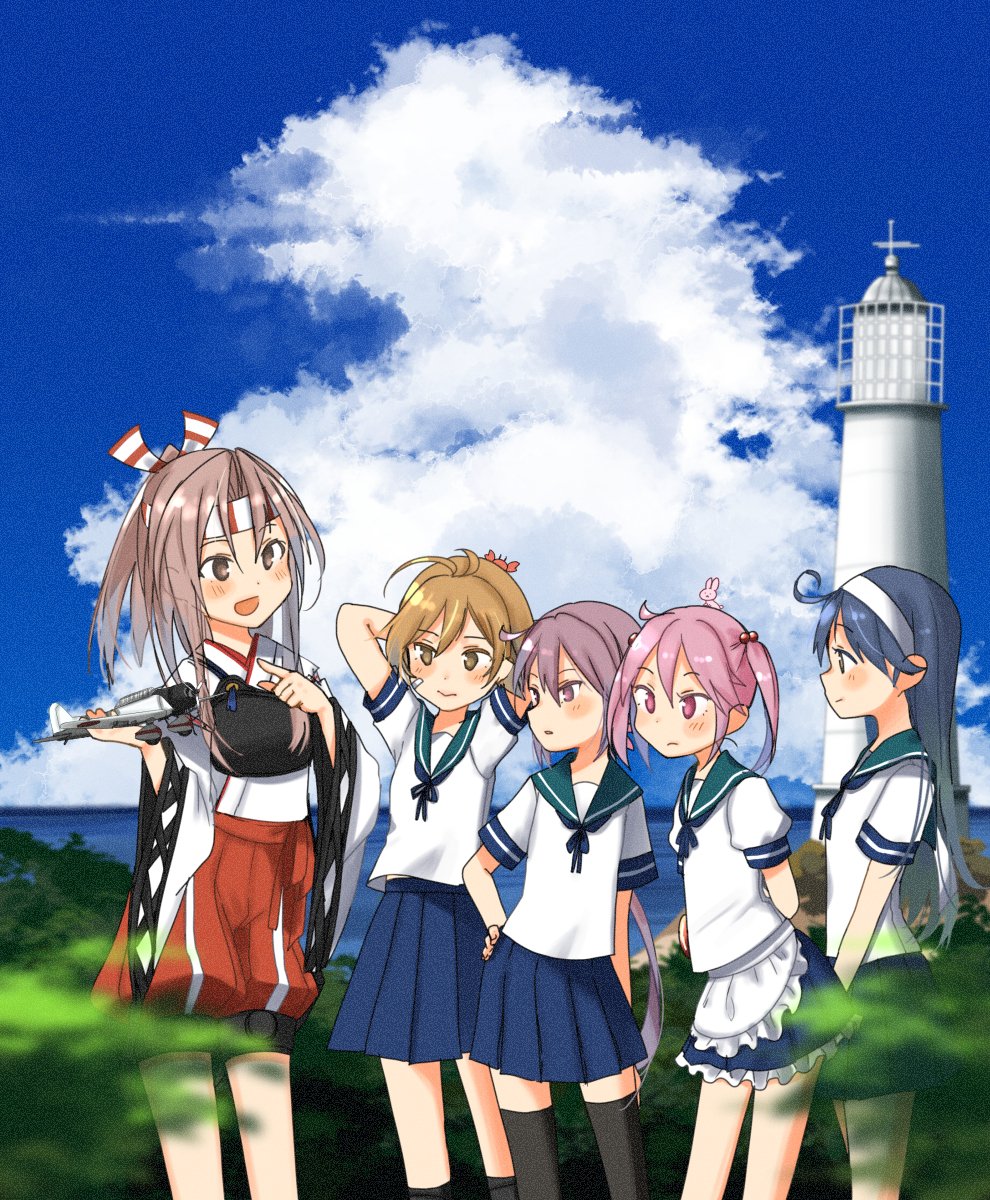 Safebooru - 5girls ahoge aircraft airplane akebono (kantai collection) animal animal on head ...