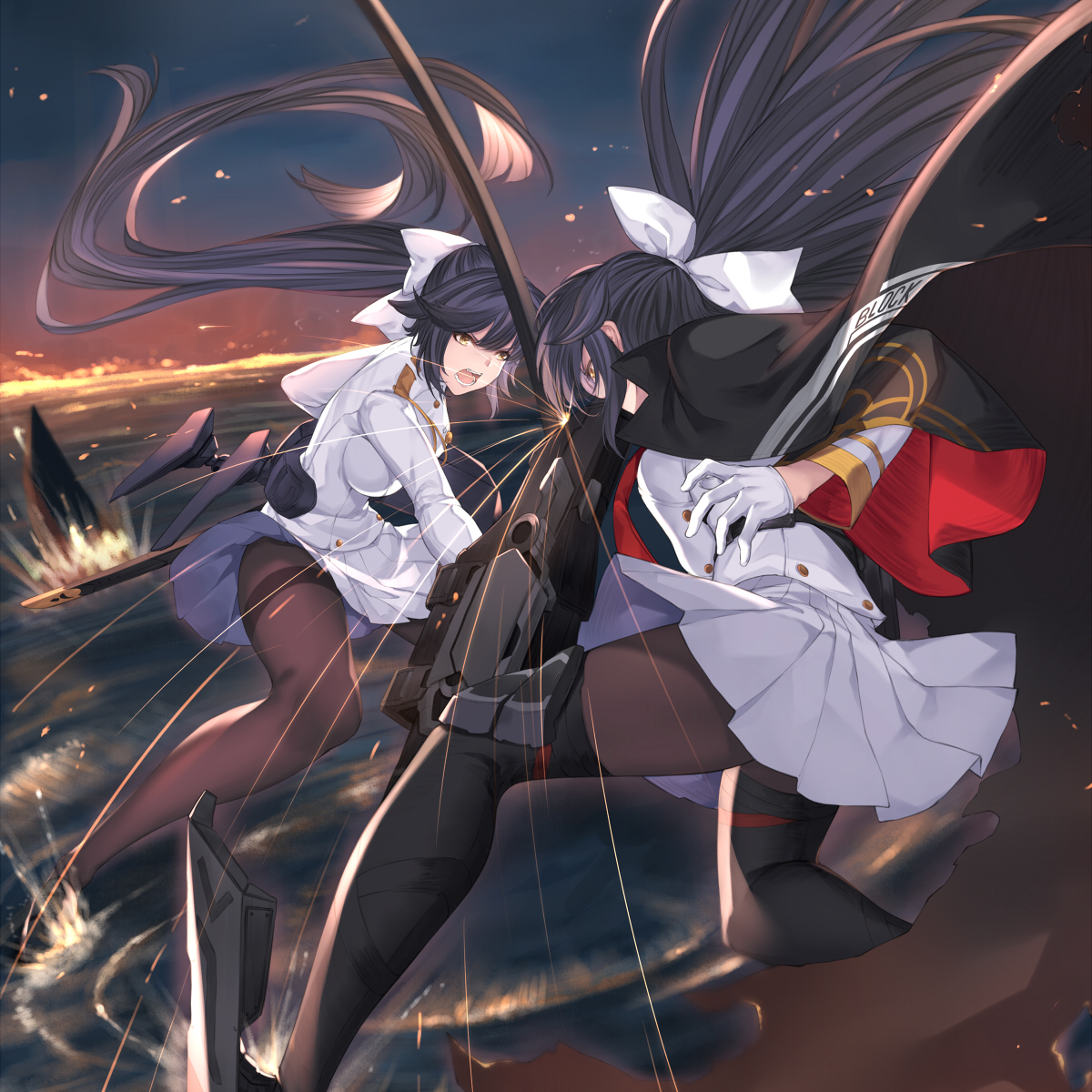 Safebooru - 2girls action azur lane bangs black coat black hair black ...