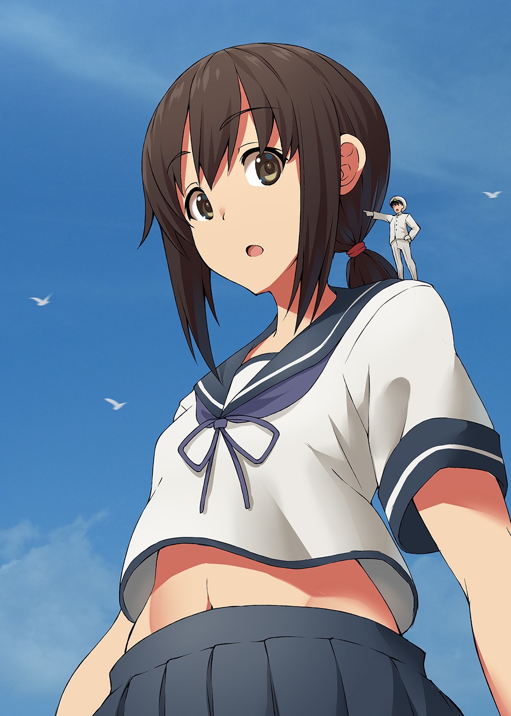 Safebooru - 1boy 1girl admiral (kantai collection) black hair blue skirt breasts brown eyes day ...