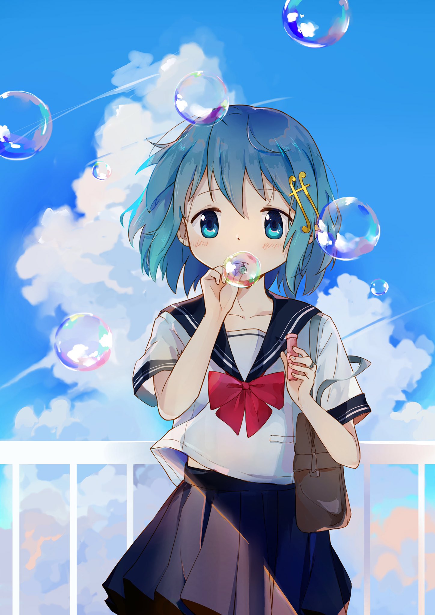 Safebooru - 1girl bag bangs blue eyes blue hair blue sky bubble bubble blowing clouds collarbone ...