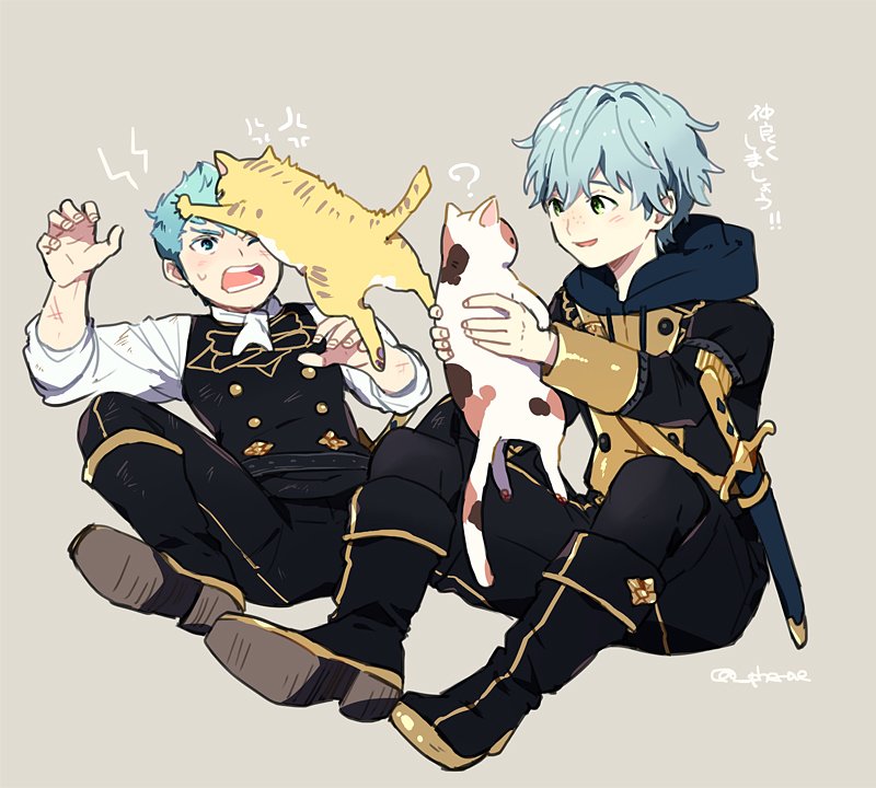 Safebooru - 2boys ? anger vein artist name ashe duran blue eyes blue hair boots caspar von ...