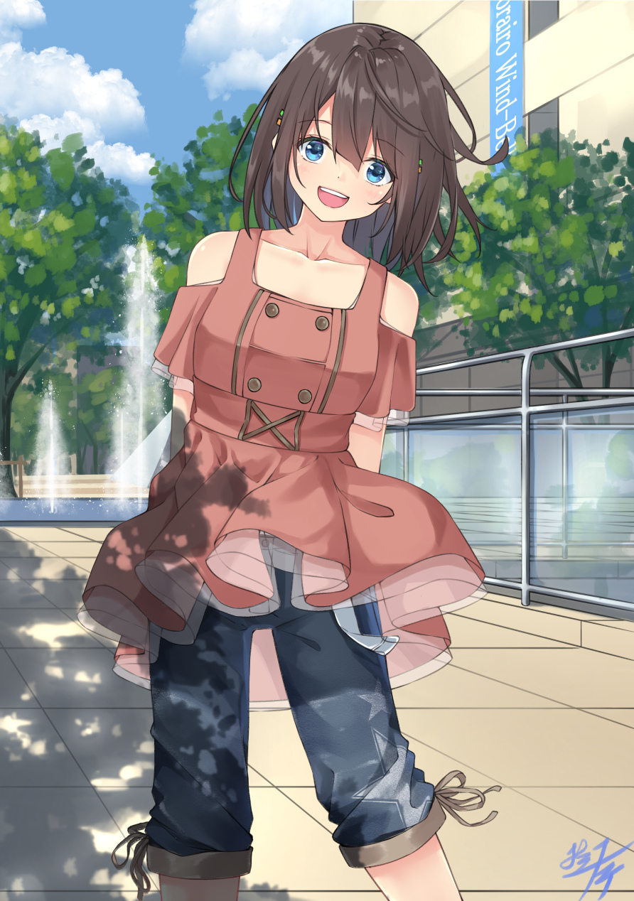 Safebooru - 1girl :d arms behind back bangs bare shoulders blue eyes blue shorts blue sky blush ...