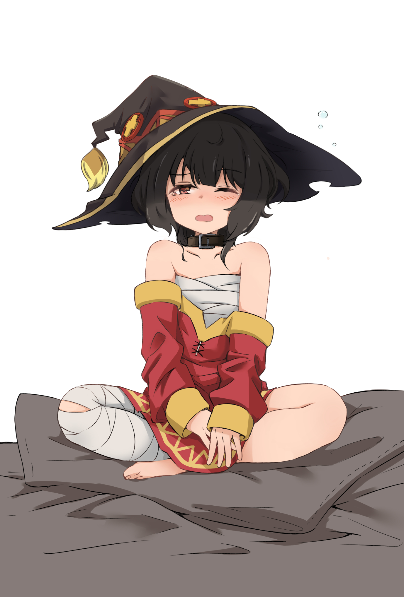 Safebooru - 1girl bandaged leg bandages bare shoulders barefoot black hair blush collar ...